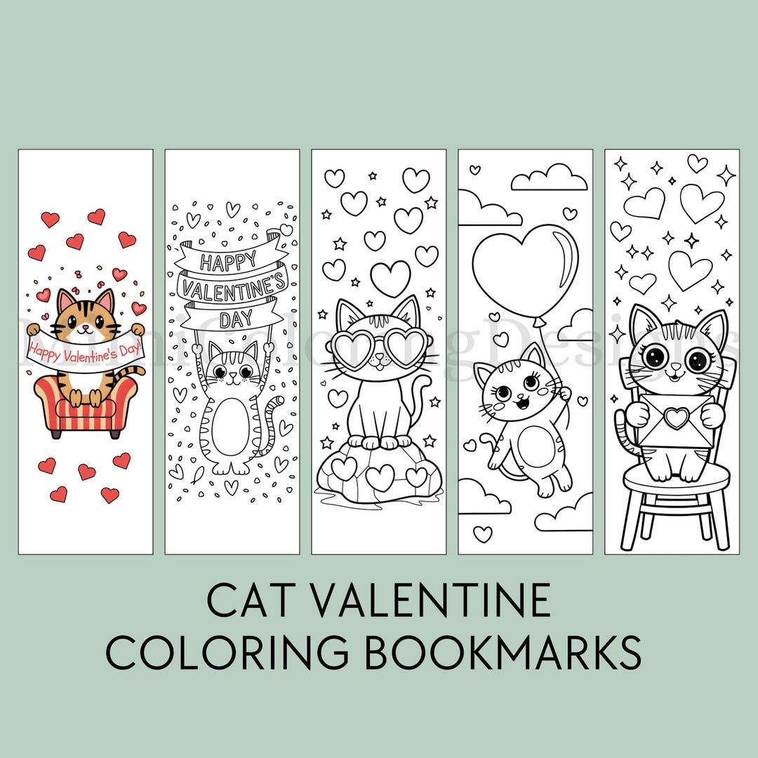 Cat Valentine Coloring Bookmarks: Kitten Lover Gift (digital Download ...