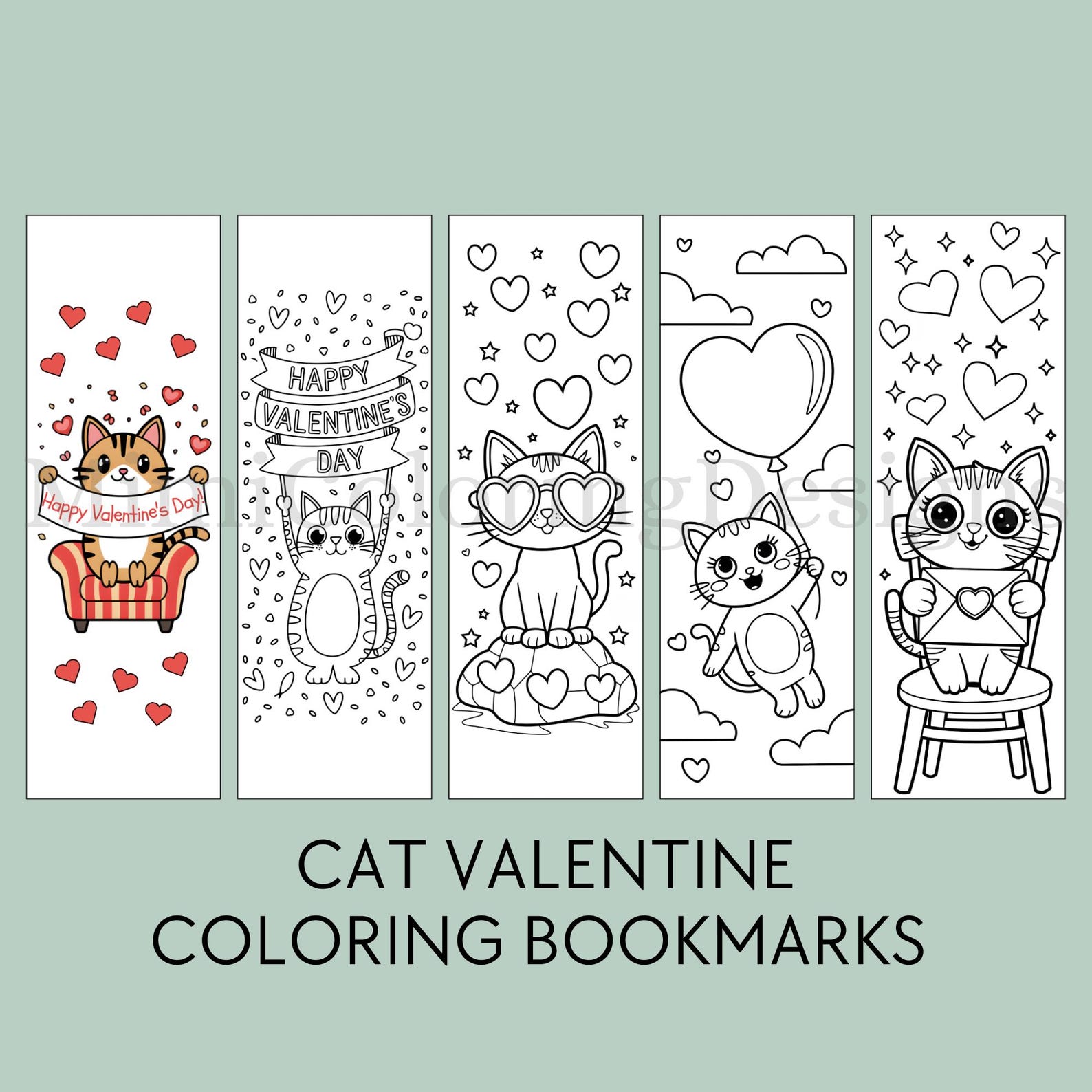 Cat Valentine Coloring Bookmarks: Kitten Lover Gift (digital Download ...