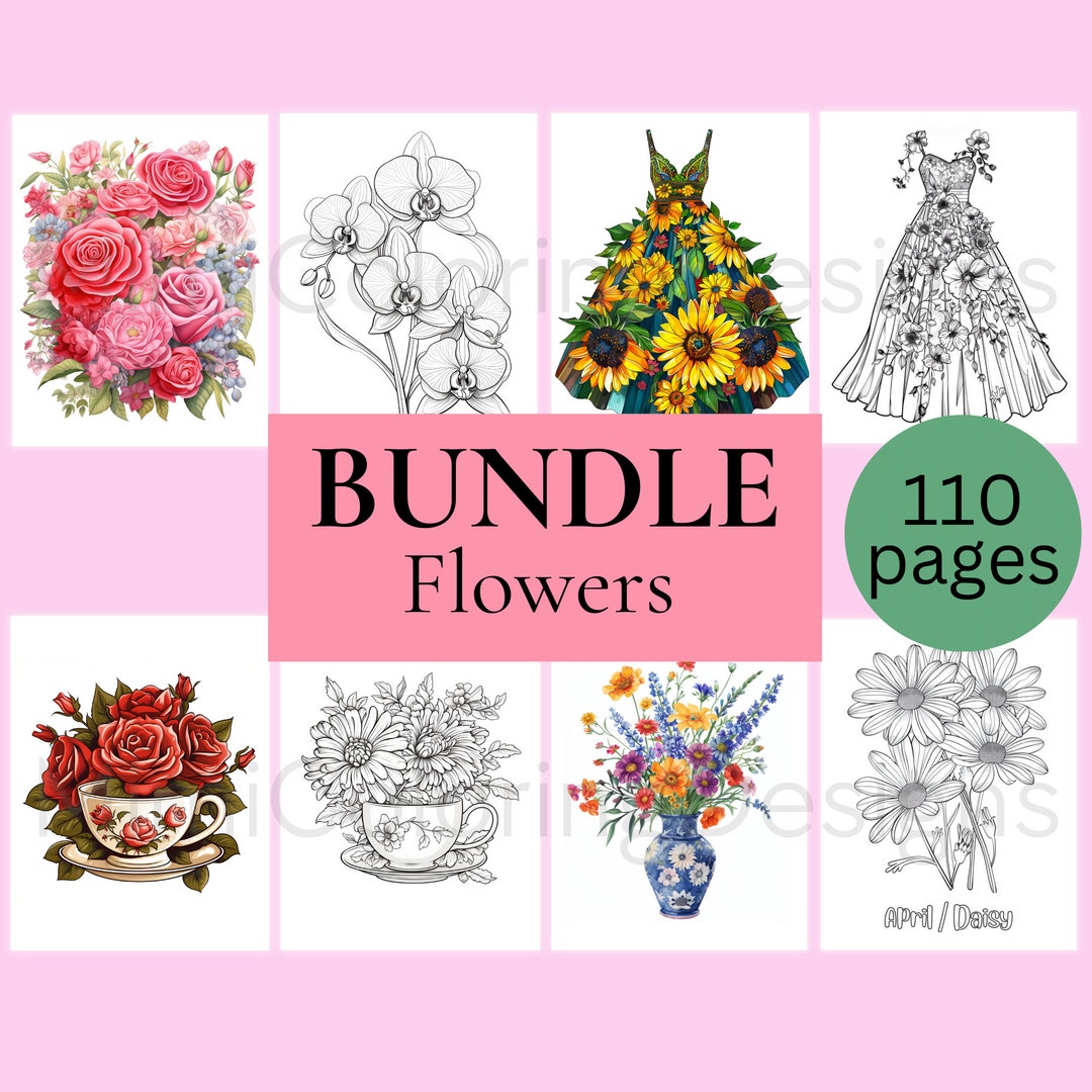 Bundle Flower Coloring Pages for Adults and Kids, Printable Coloring ...