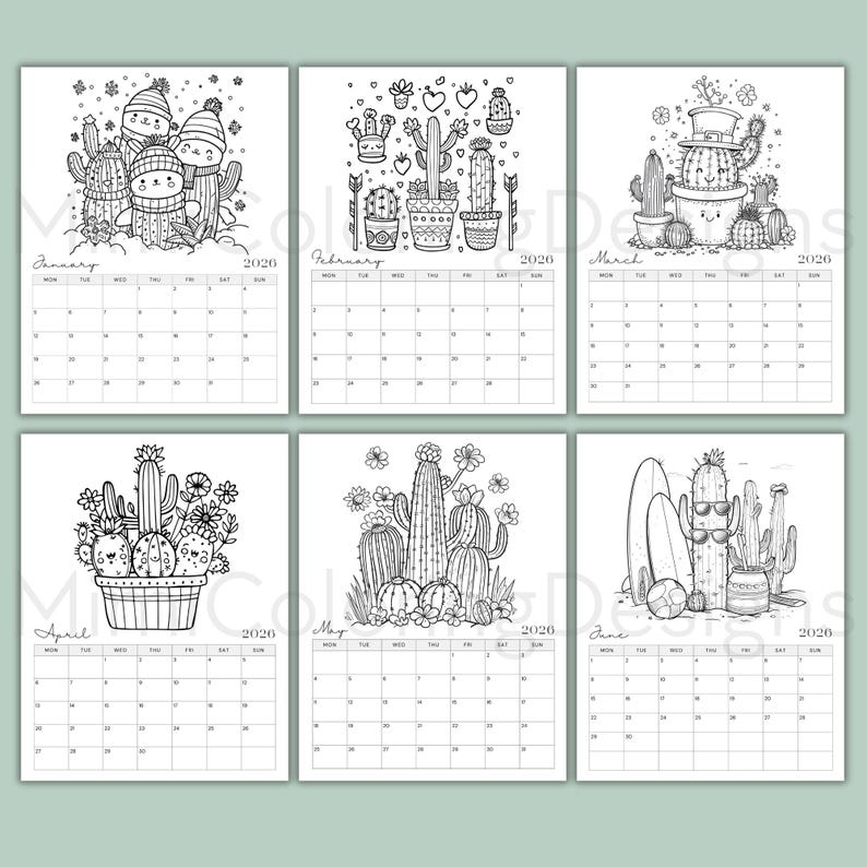 Cactus Coloring Calendar 2026: Printable Monthly Planner (digital ...