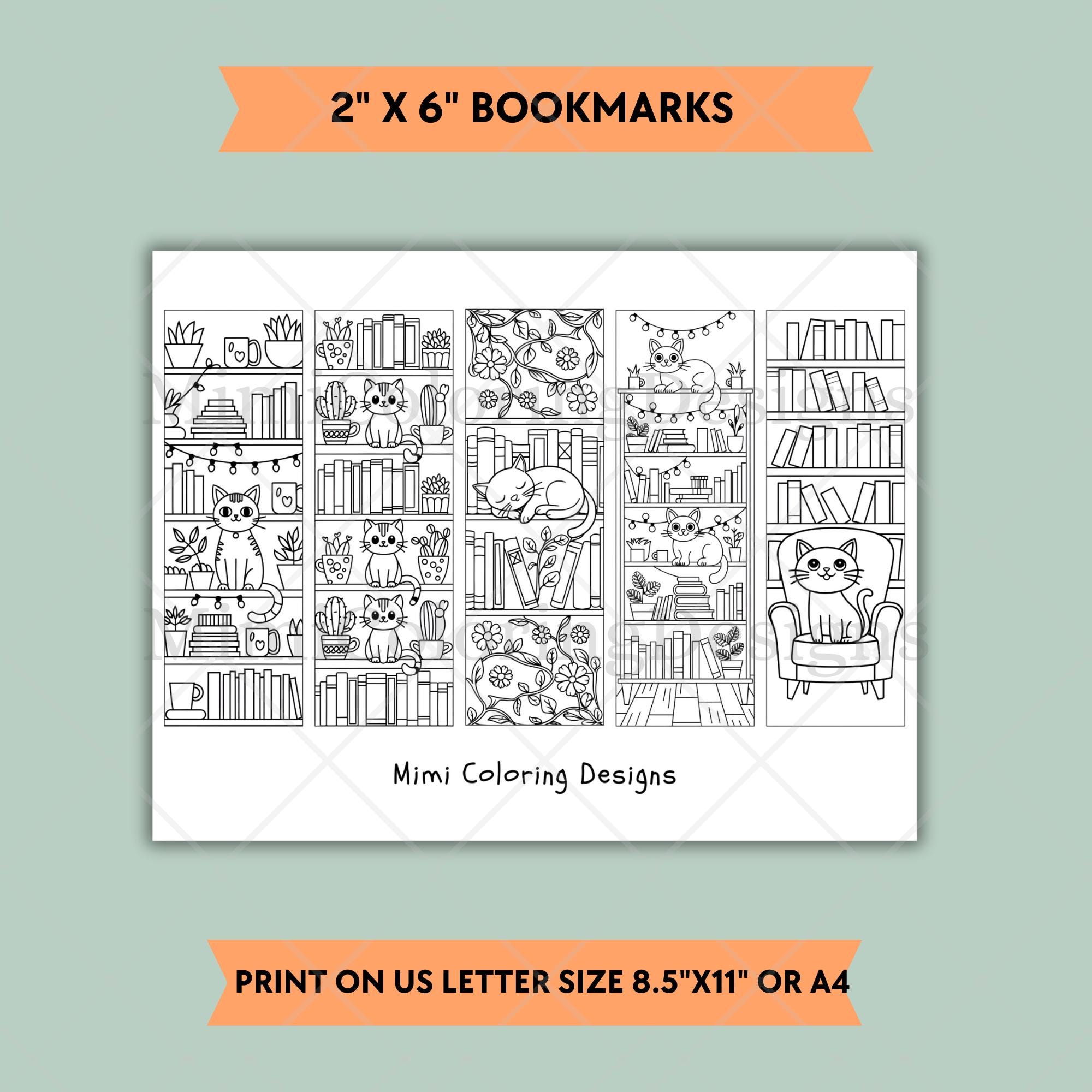 Cat Coloring Bookmarks: Printable Cats Bookshelf Book Lover Gift ...