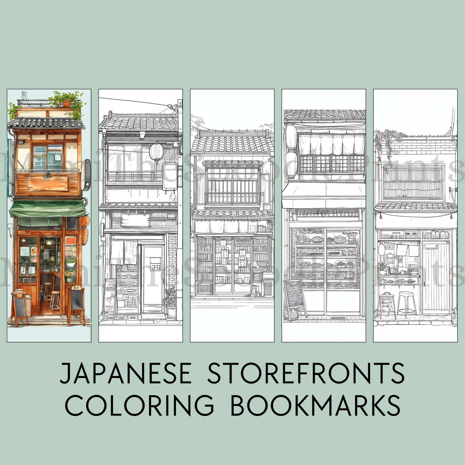Japanese Storefronts Coloring Bookmarks Printable, for Adults, Japanese ...