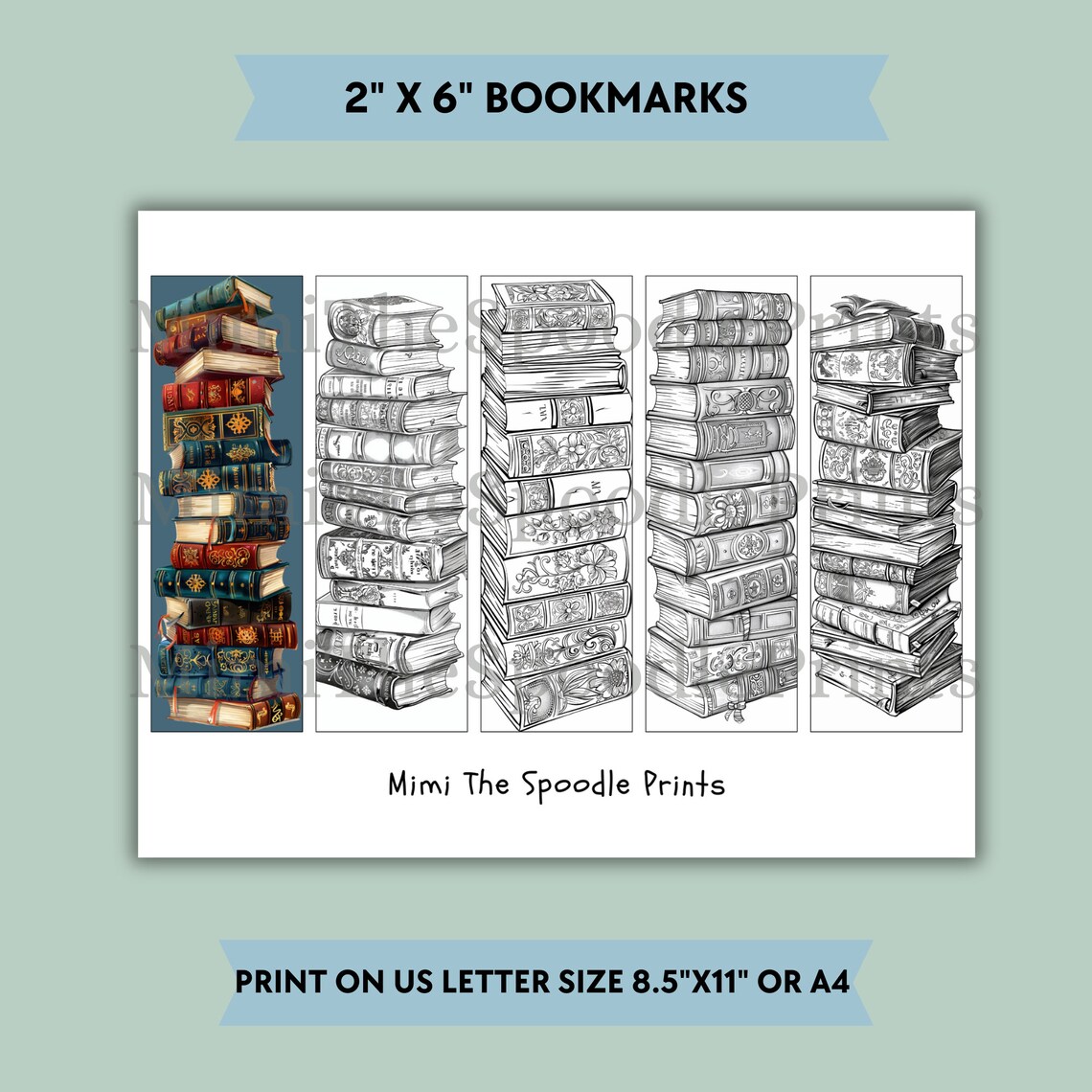 Book Stack Coloring Bookmarks Printable for Book Lover, Literary ...