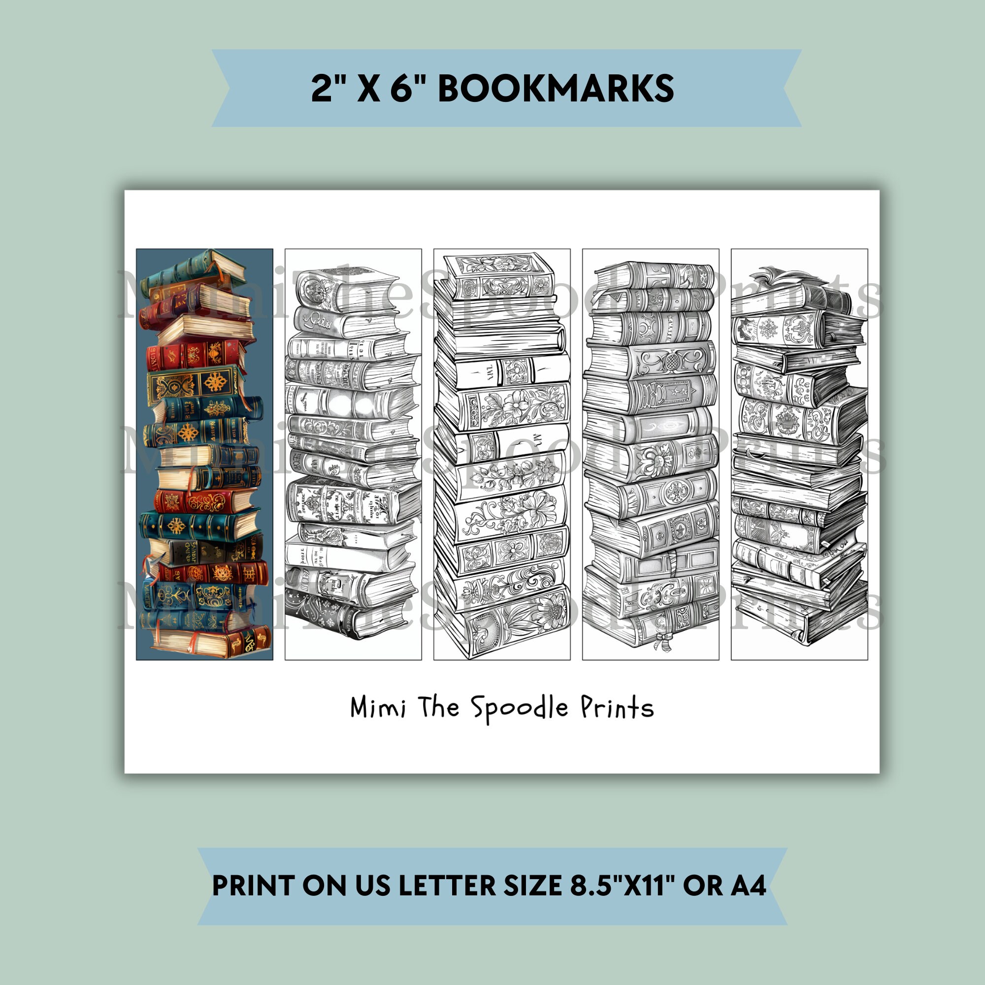 Book Stack Coloring Bookmarks Printable for Book Lover, Literary ...