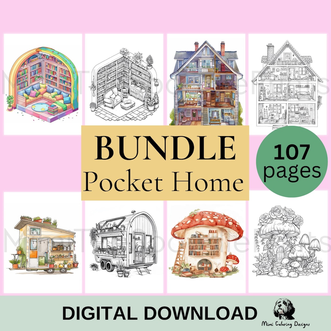 Pocket Home Coloring Pages Bundle: Tiny Homes, Mushroom Houses (digital ...