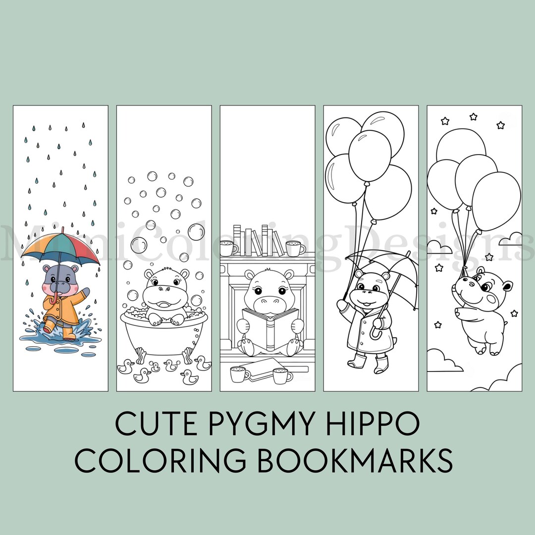 Pygmy Hippo Coloring Bookmarks Printable for Kids and Adults, Hippo ...