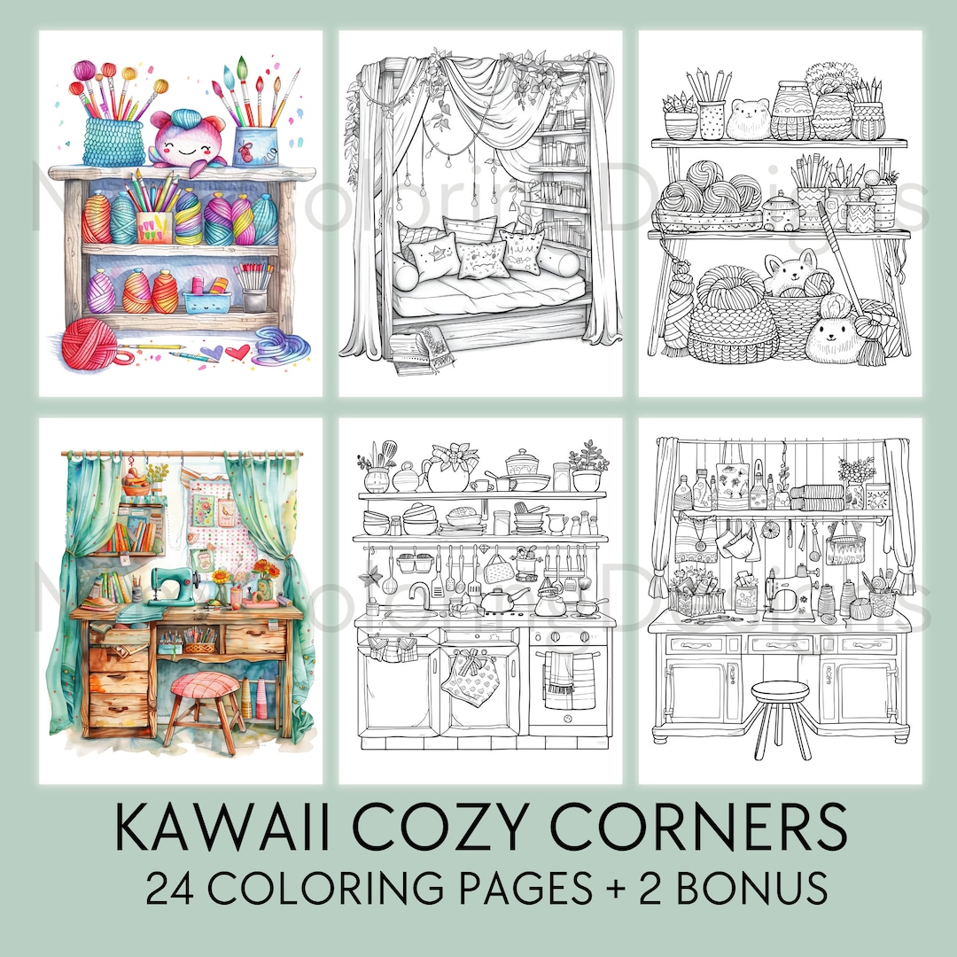 24 Kawaii Cozy Corners Coloring Pages for Adults, Printable Coloring ...