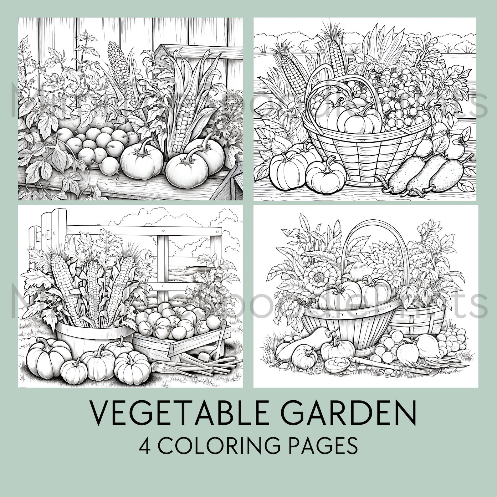 4 Vegetable Garden Coloring Pages, for Adults, Printable Coloring Book ...