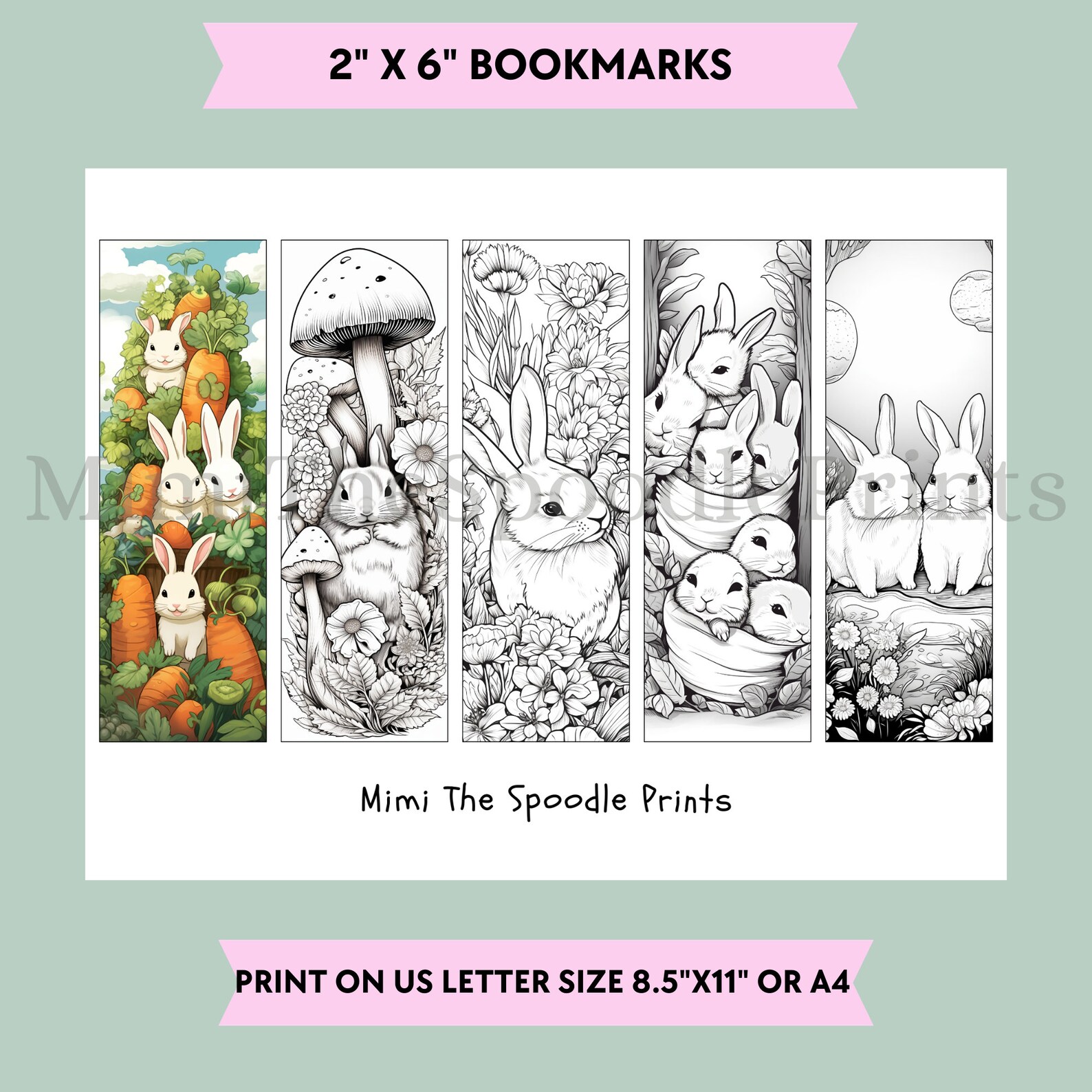 Rabbit Coloring Bookmarks Printable, for Rabbit Lover, Rabbit Bookmark ...