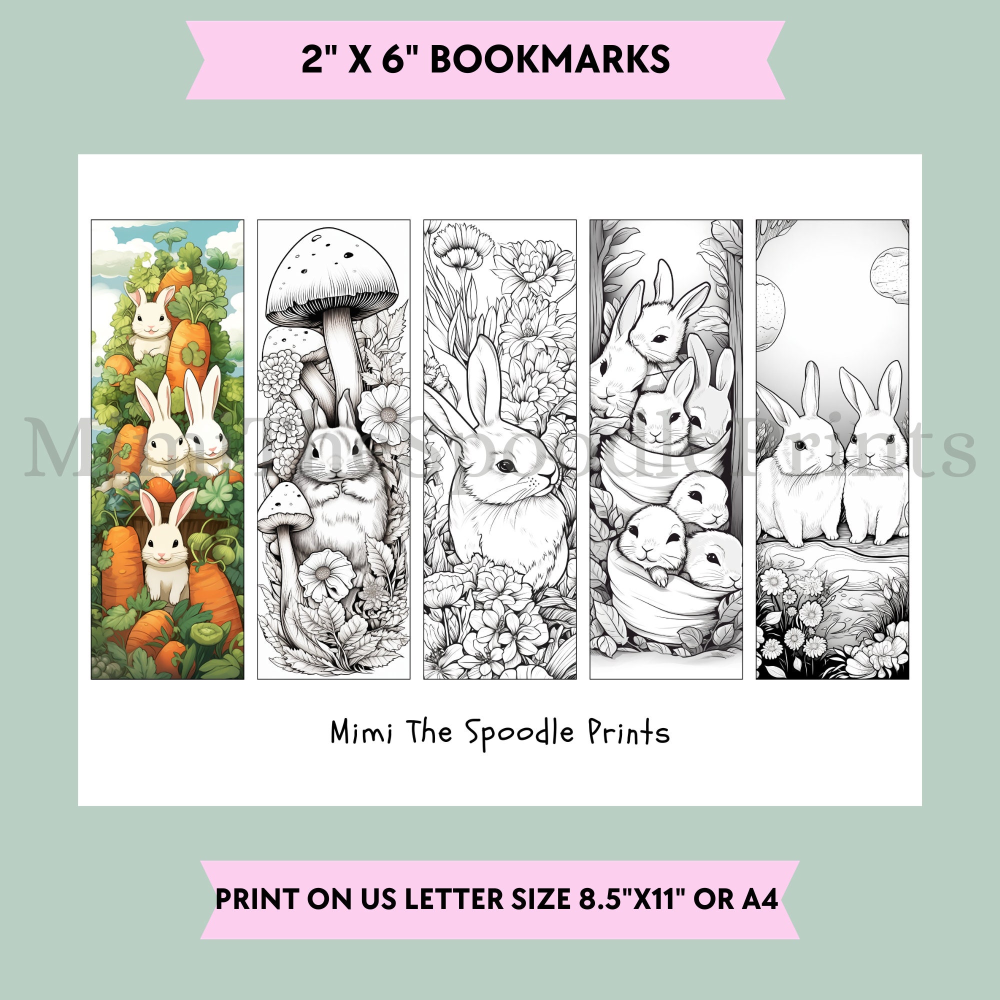 Rabbit Coloring Bookmarks Printable, for Rabbit Lover, Rabbit Bookmark ...
