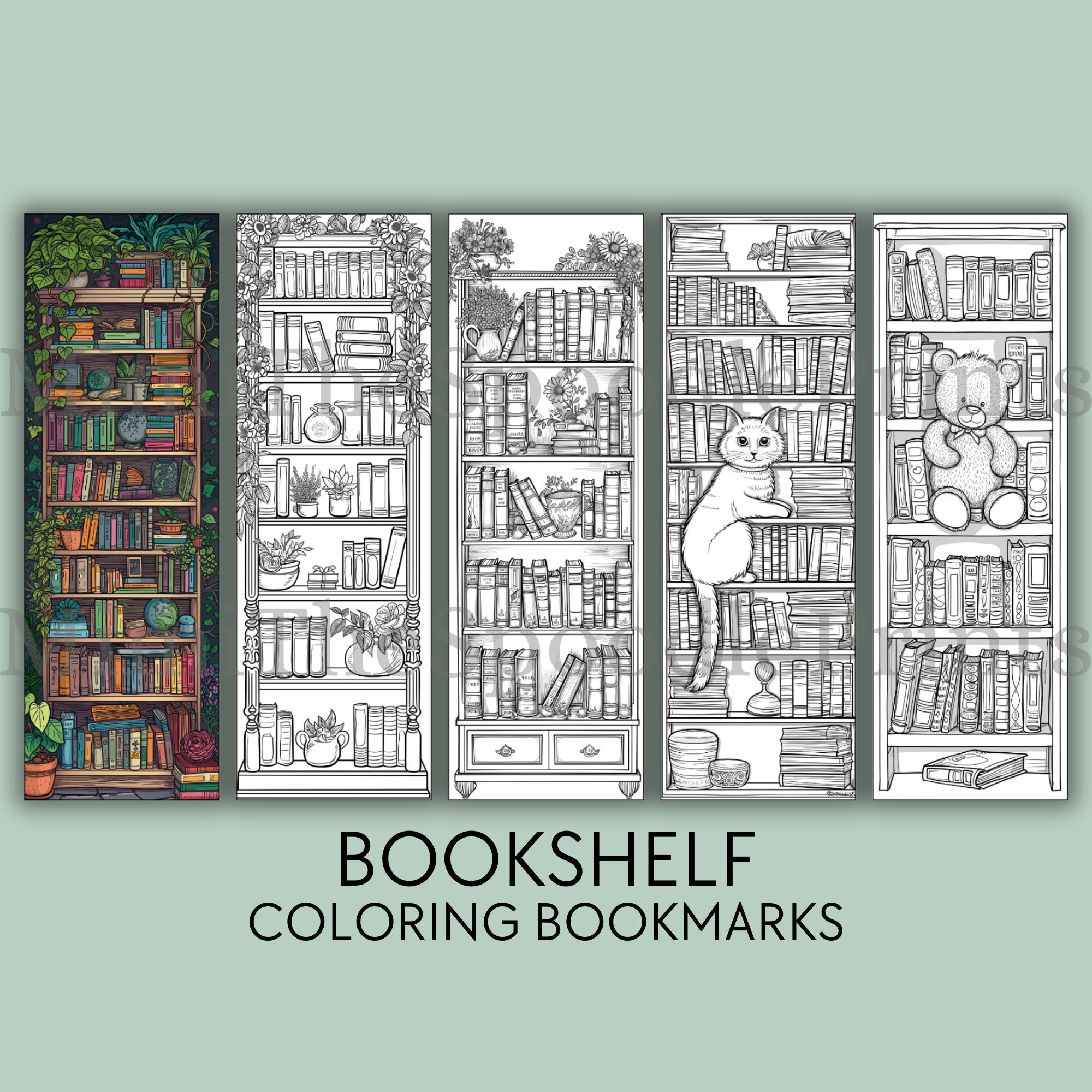 Bookshelf Coloring Bookmarks Printable for Book Lover, Bookshelf ...