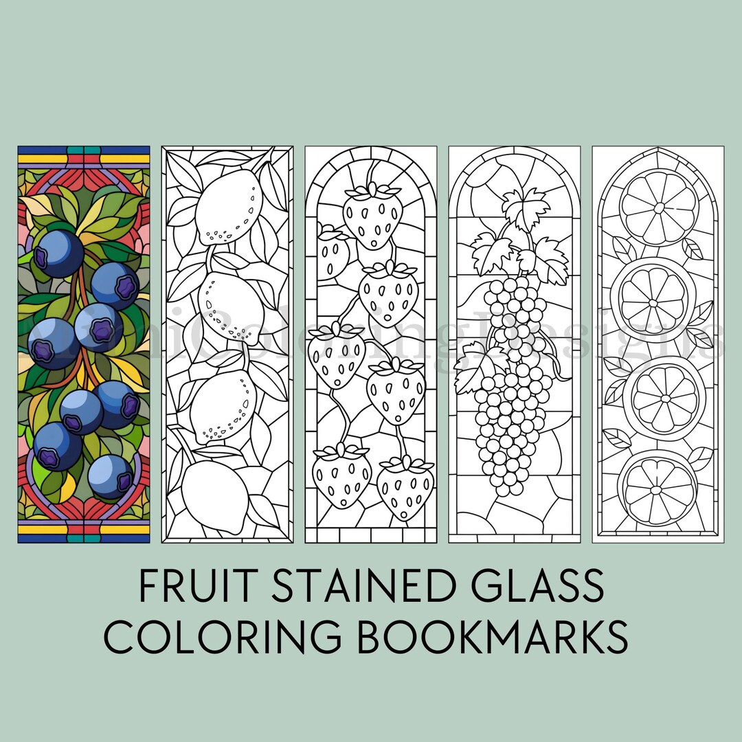 Stained Glass Fruits Coloring Bookmarks Printable: Lemon, Orange, Grape ...
