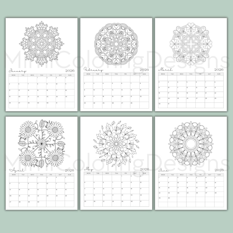 Mandala Coloring Calendar 2026: Printable Floral Monthly Planner ...