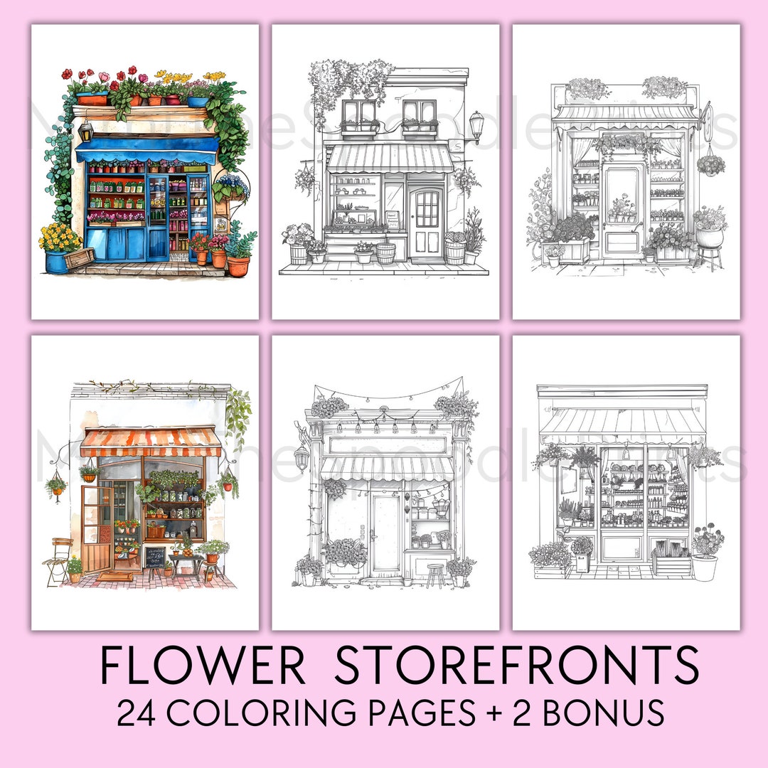 24 Flower Storefront Coloring Pages for Adults, Printable Coloring Book ...