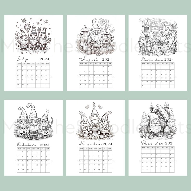 Gnome Coloring Calendar 2024 Printable, for Gnome Lovers, 2024 Monthly ...