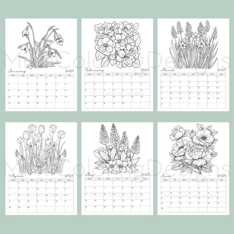 Flower Coloring Calendar 2025 Printable for Adults, 2025 Monthly ...