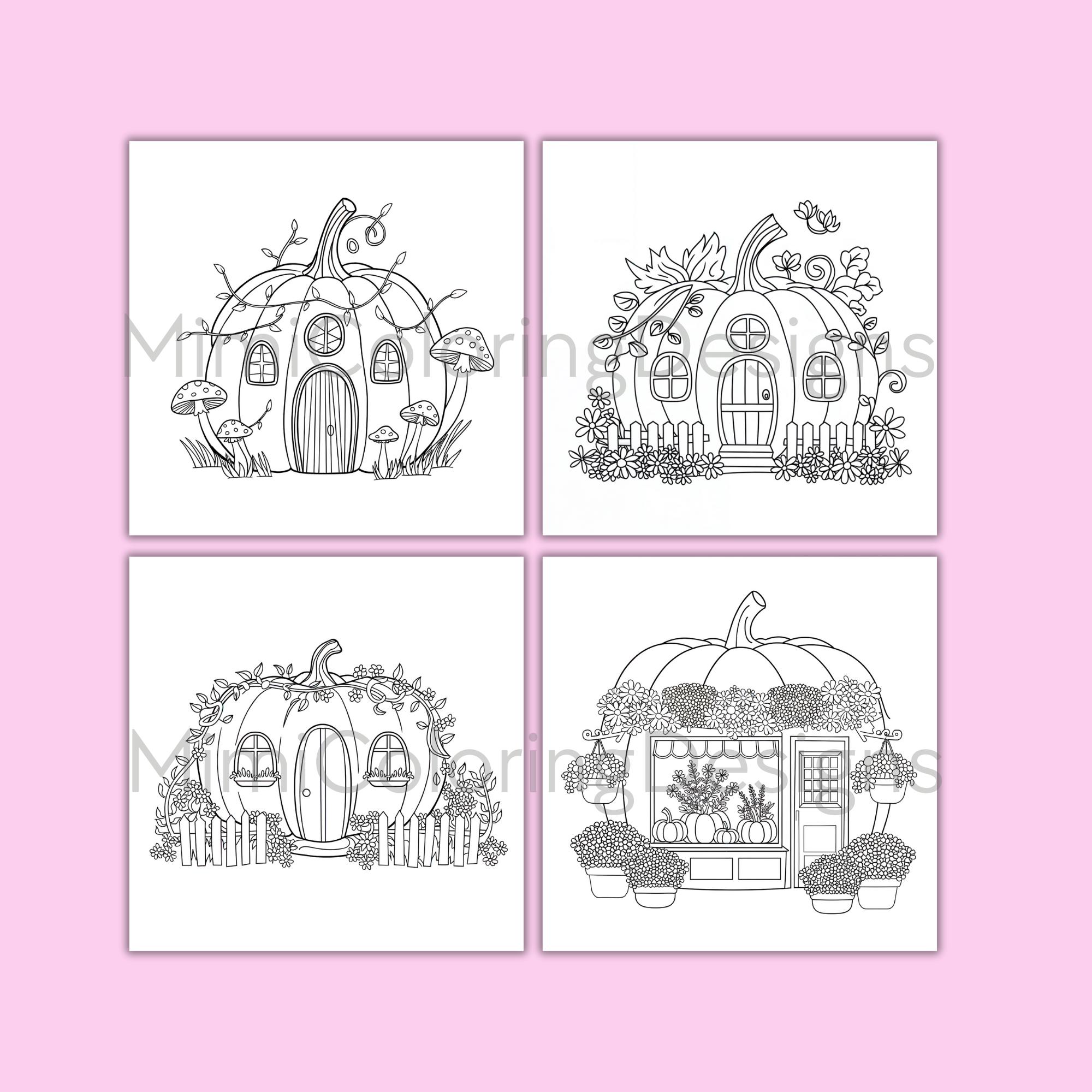 12 Pumpkin House Coloring Pages for Adults and Kids, Printable Fall ...