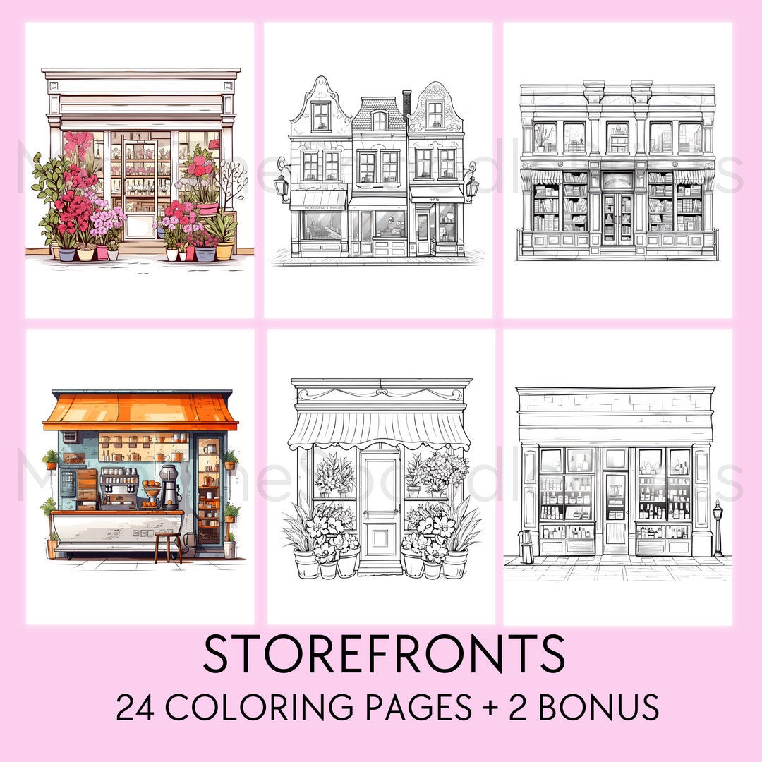 24 Storefronts Coloring Pages, for Adults, Printable Coloring Book ...