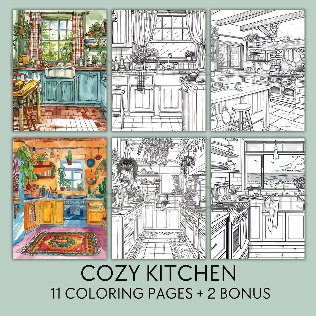 Cozy Kitchen Coloring Pages for Adults Printable Coloring Book, Boho ...