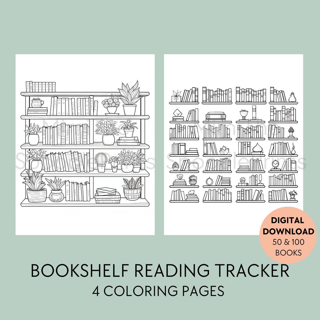 Literary Coloring Book Tracker Printable for Book Lovers, Bookshelf ...