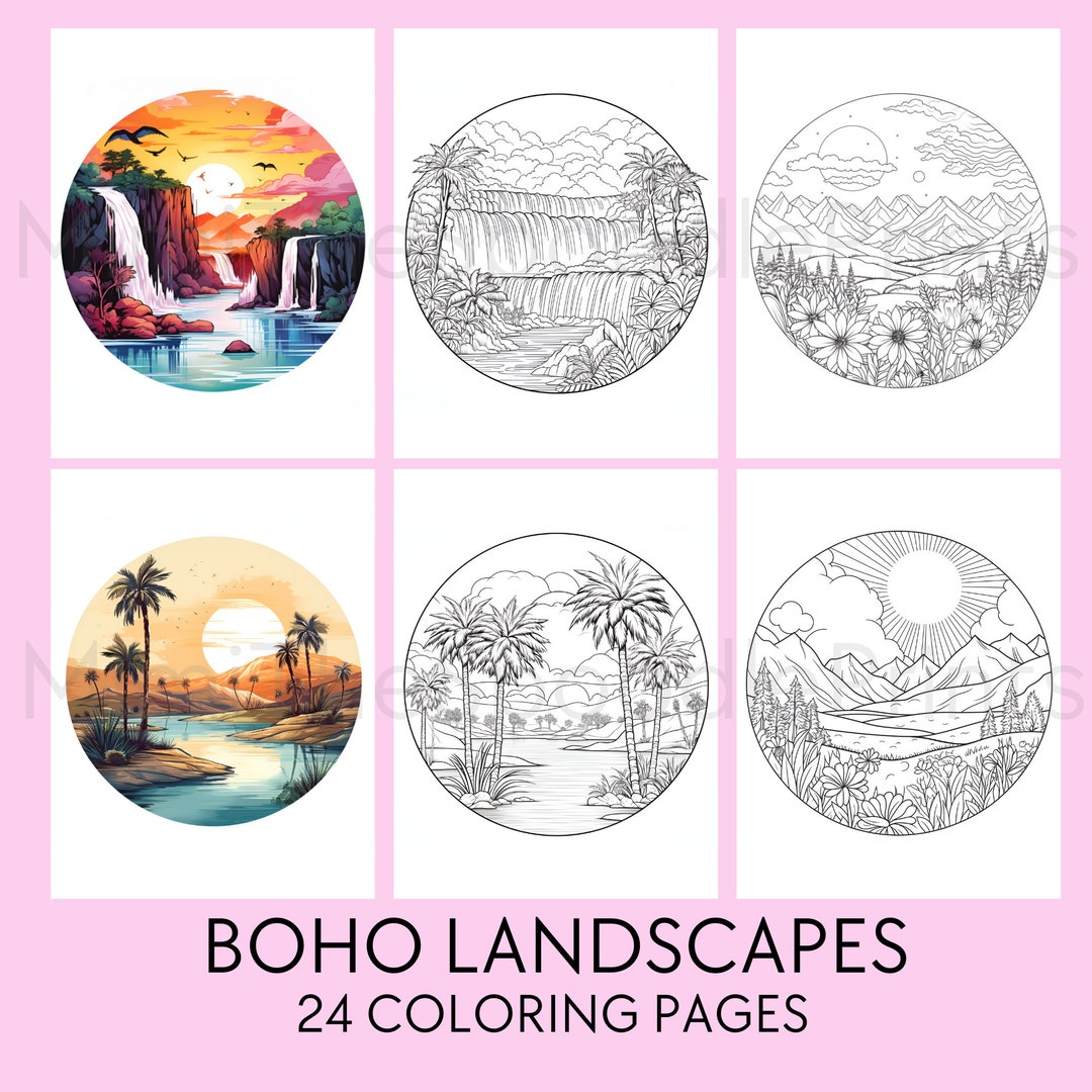 24 Boho Landscape Coloring Pages: Relaxing Adult Coloring Book (digital ...