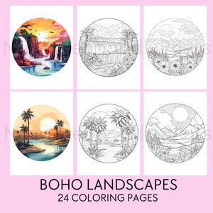 24 Boho Landscapes Coloring Pages for Adults, Printable Coloring Book ...