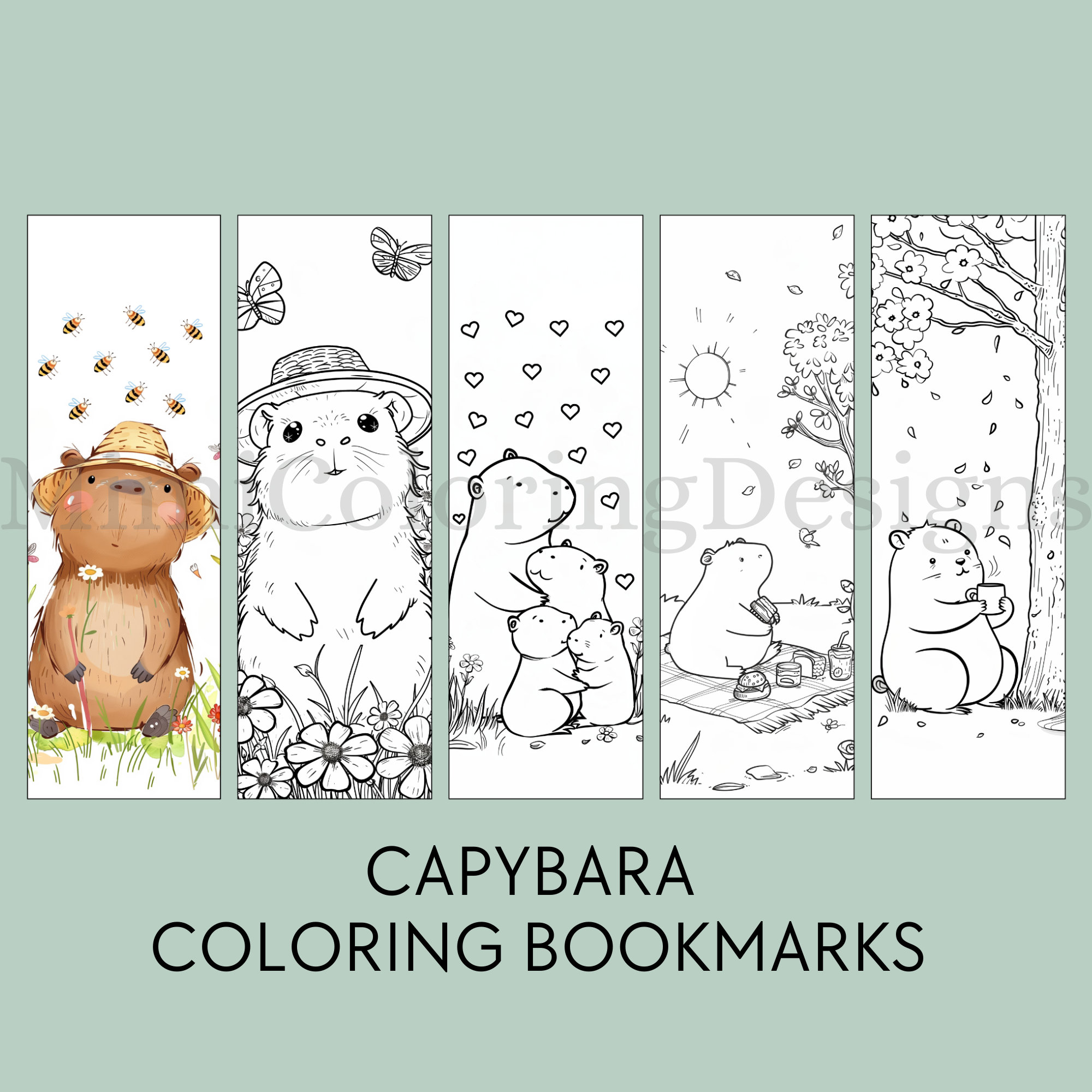 Capybara Coloring Bookmarks: Printable Animal Designs (digital Download ...