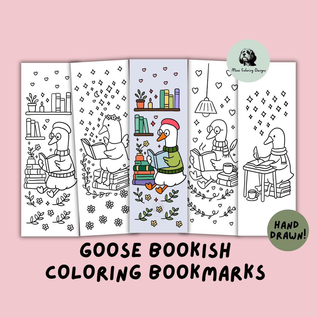 Silly Goose Bookish Coloring Bookmarks, Printable Bookmark Set, Book ...