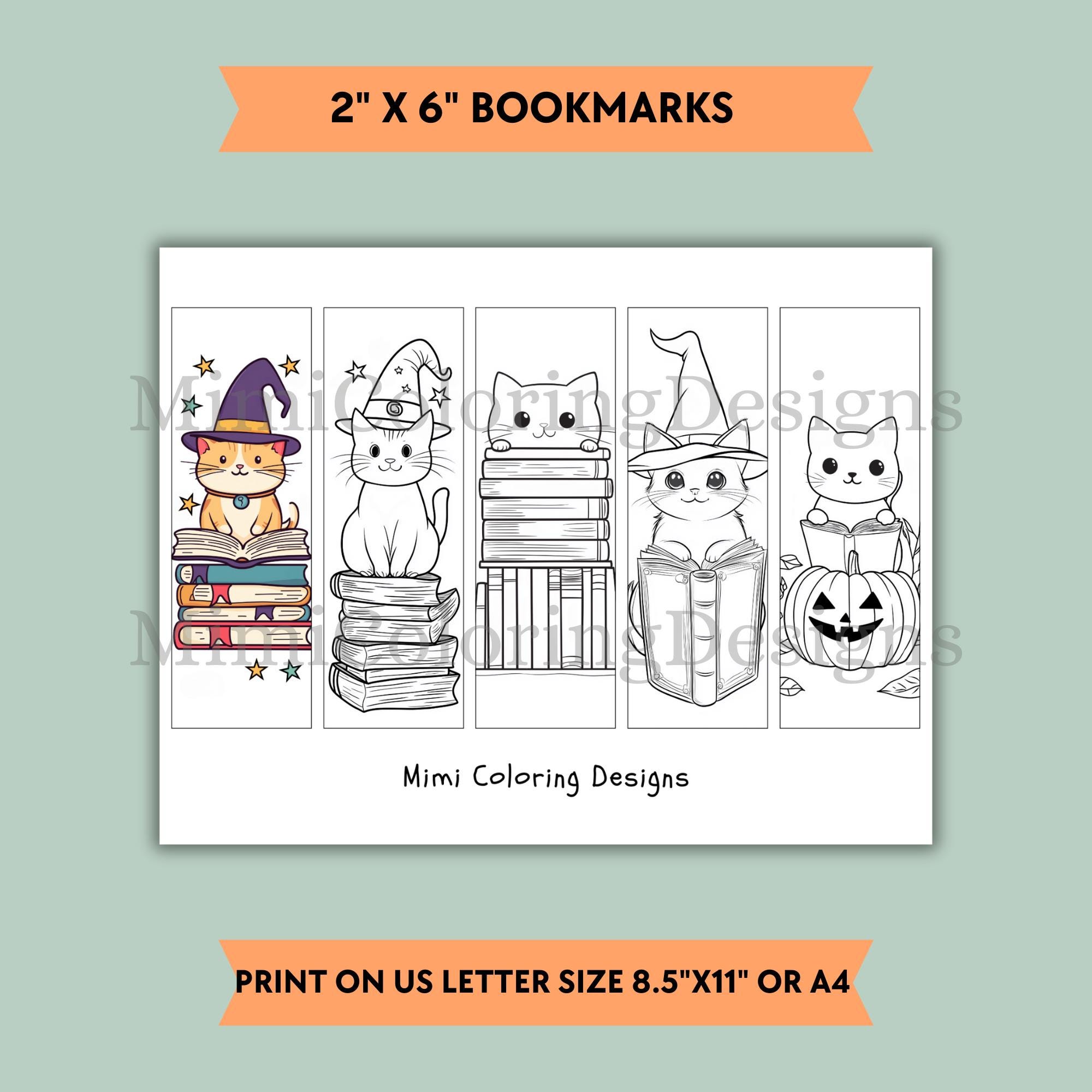 Cat Halloween Coloring Bookmarks: Books, Pumpkins (printable Digital ...
