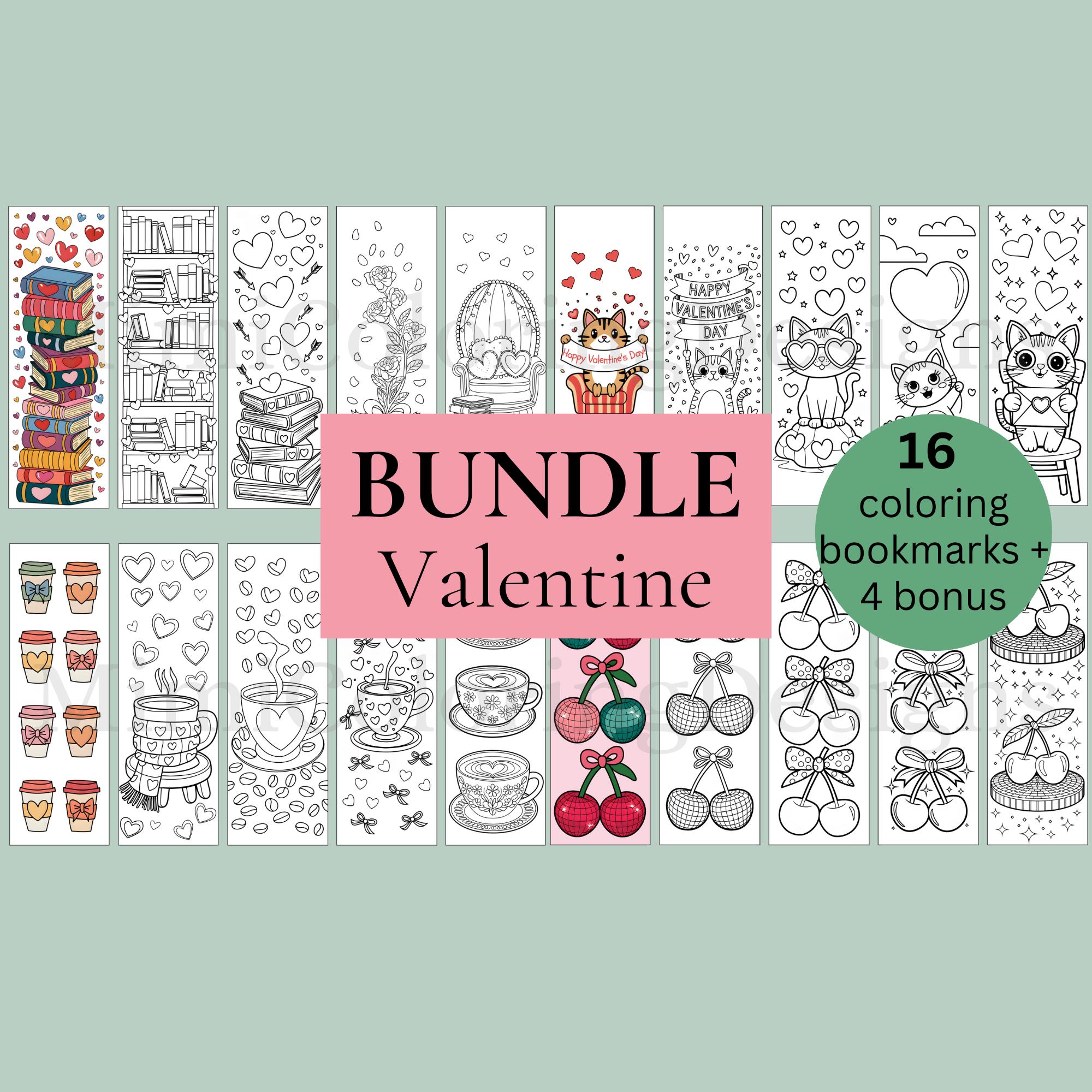Valentine Coloring Bookmarks Bundle: Cat, Coffee, Bookish Designs ...