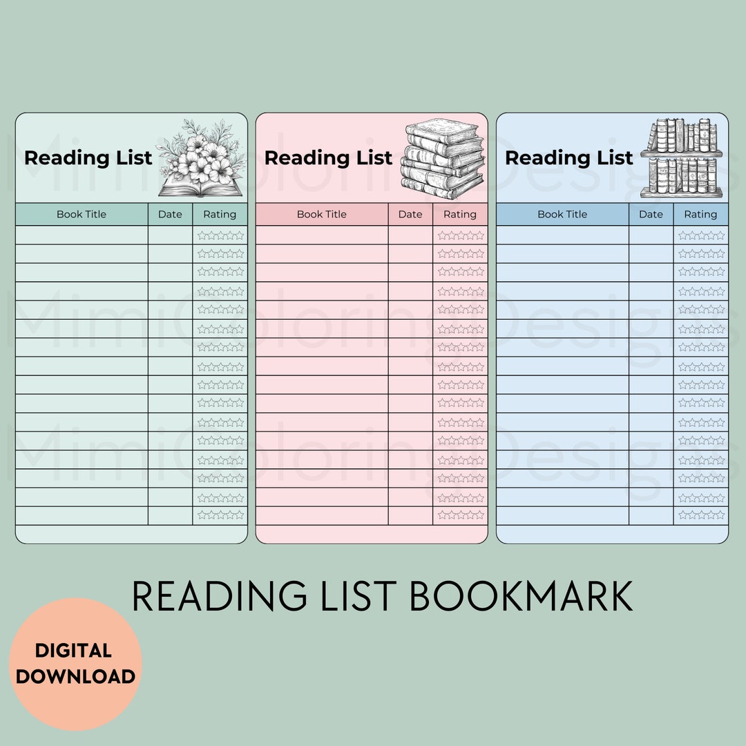 6 Reading List Bookmark Set Printable for Book Lover, Reading Log ...