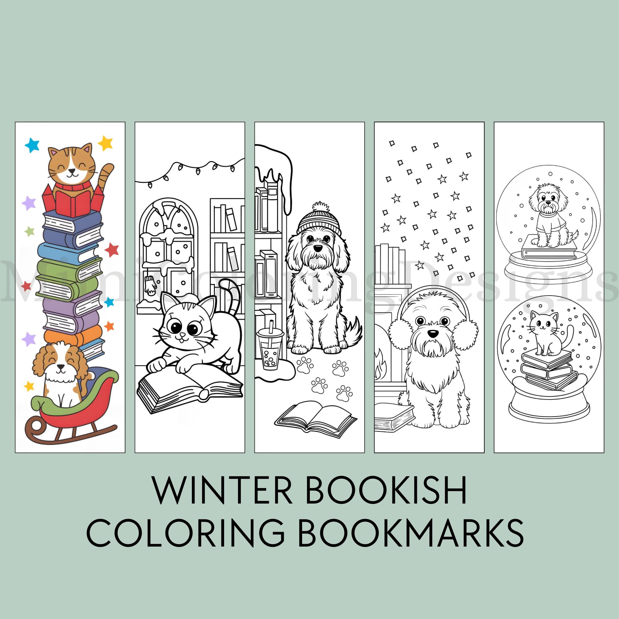 Winter Bookish Coloring Bookmarks Printable for Adults and Kids, Cozy ...