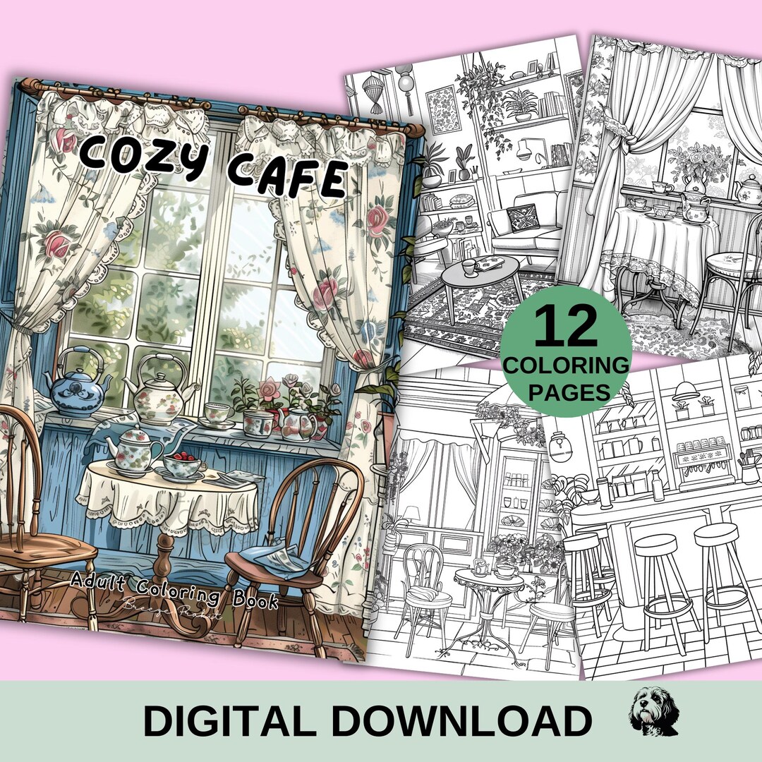 Cozy Cafe Coloring Pages for Adults, Printable Cafe Coloring Book, Cafe ...