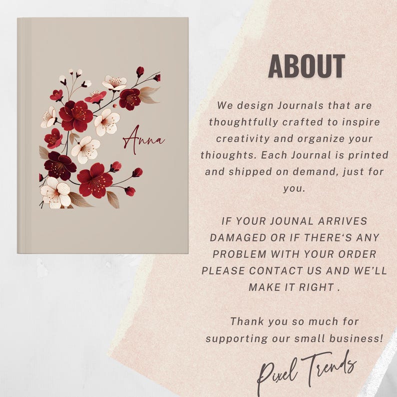 Personalized Floral Hardcover Journal | Custom Name Notebook | Cherry ...