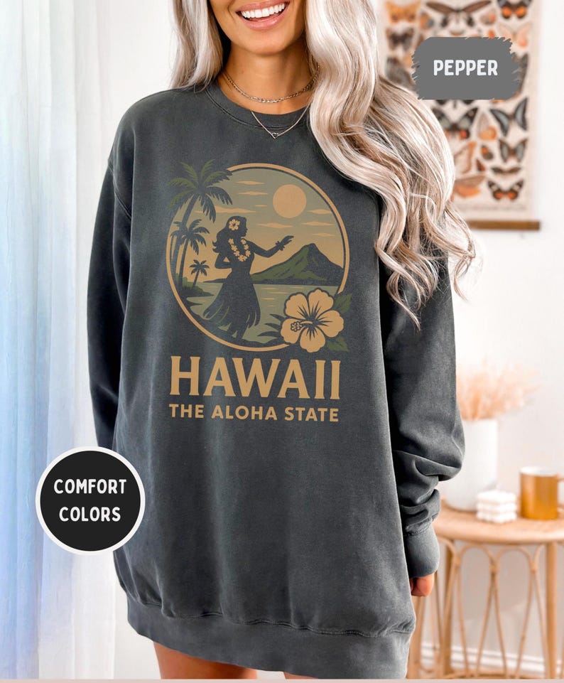 Hawaii Sweatshirt - the Aloha State Hula Dancer & Hibiscus, Volcano ...