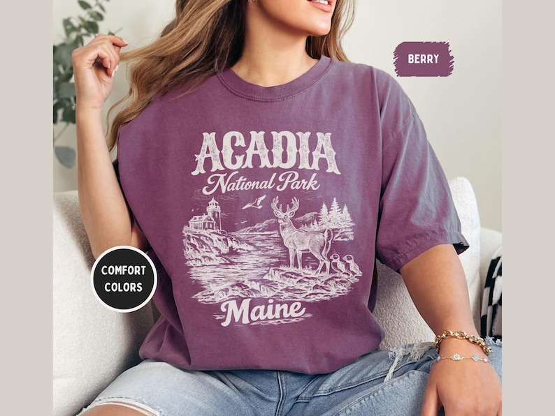 Acadia National Park Maine Scenic Illustration T-shirt | Deer Coastal ...