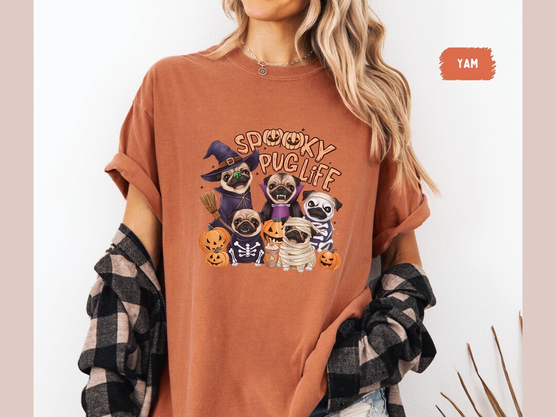 Funny Pug Dog Halloween Comfort Colors Shirt Pumpkin Tshirt Spooky Pug ...