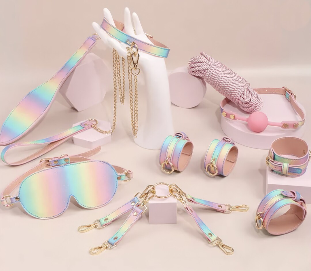 Rainbow Leather BDSM Kit: Awaken Your Senses With 9 New Accessories, Paddle, Handcuffs, Collar ...