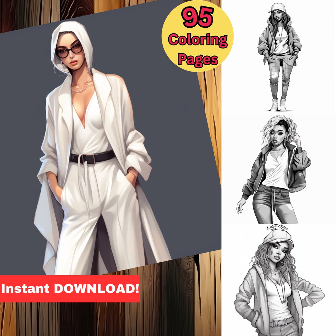 95 Fashion Girls in Streetwear Style Digital Coloring Book - Girls ...