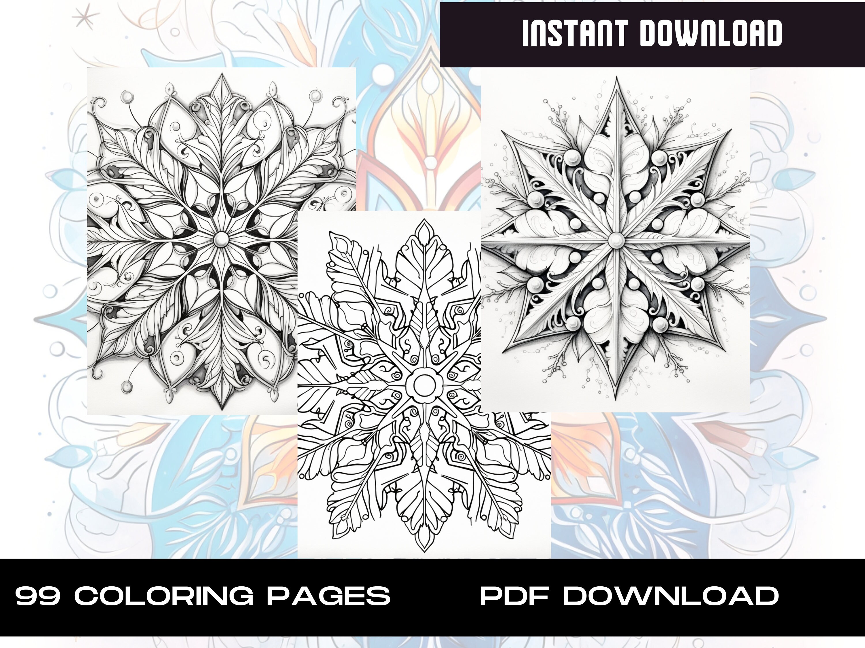 99 Snowflake Mandala Coloring Pages Christmas Adult Art Instant PDF ...
