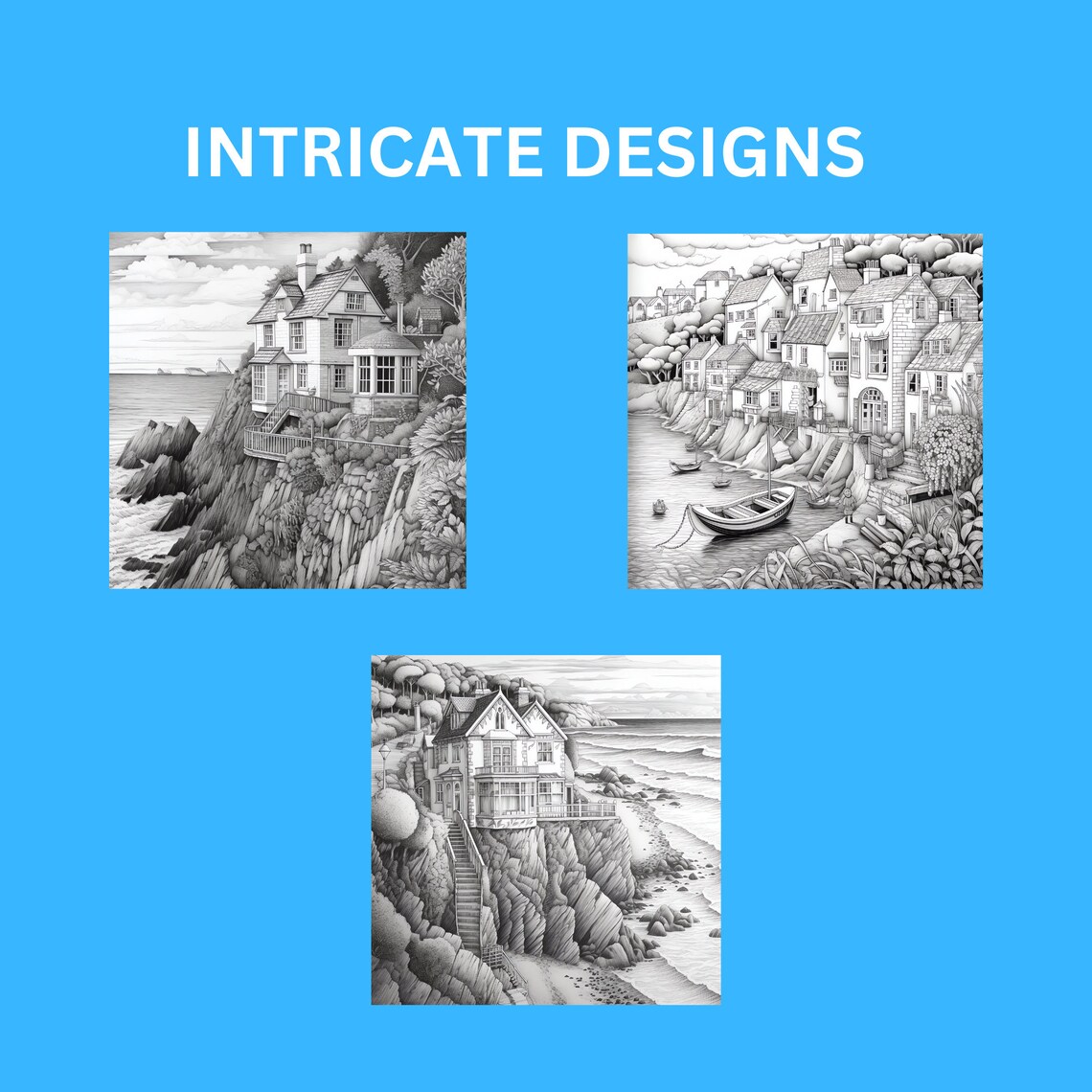 Ocean Houses Coloring Book: Grayscale Seaside Homes (digital Download ...