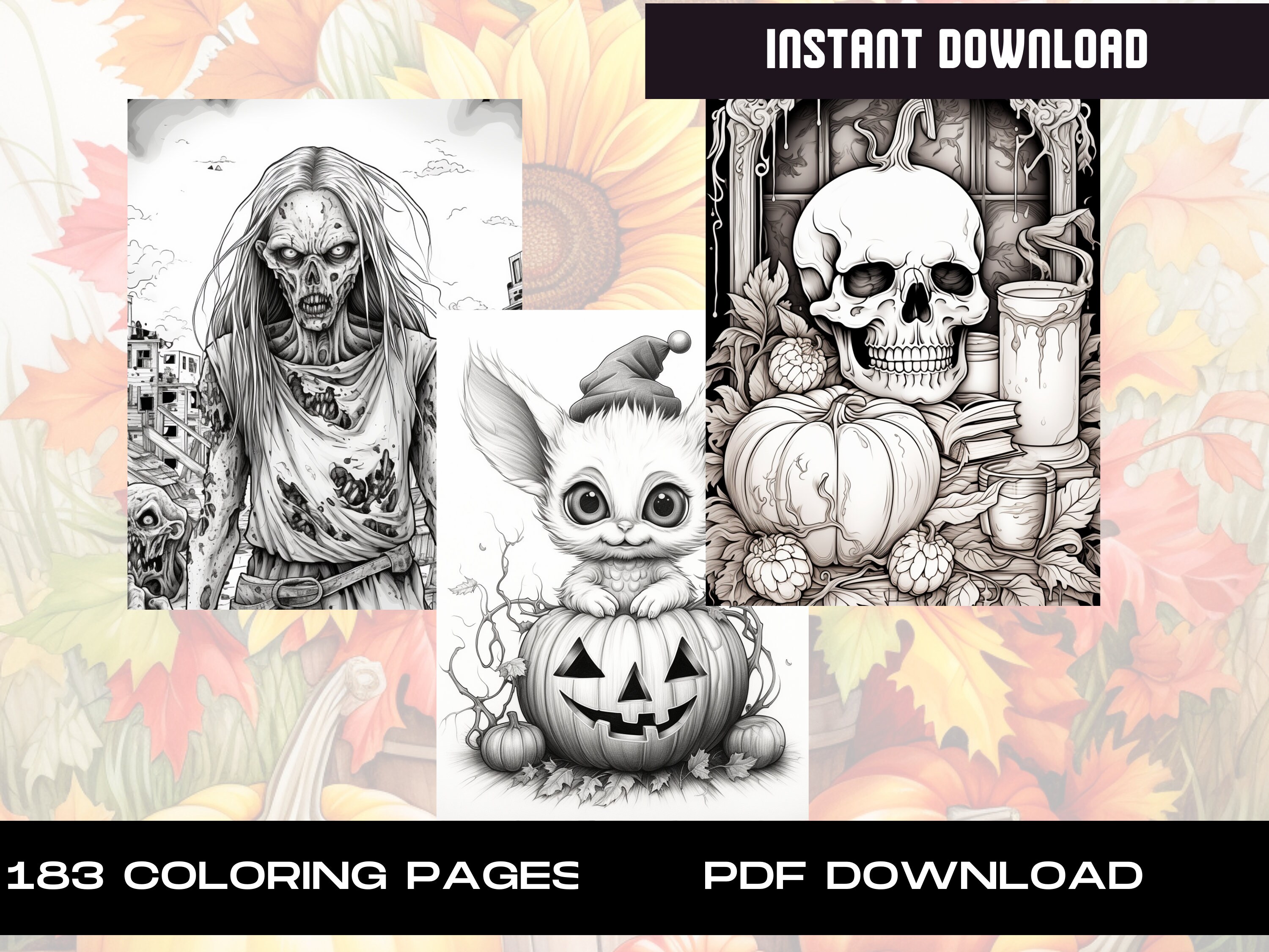 183 Halloween Coloring Pages, Mega Bundle Grayscale Book (PDF Pattern ...
