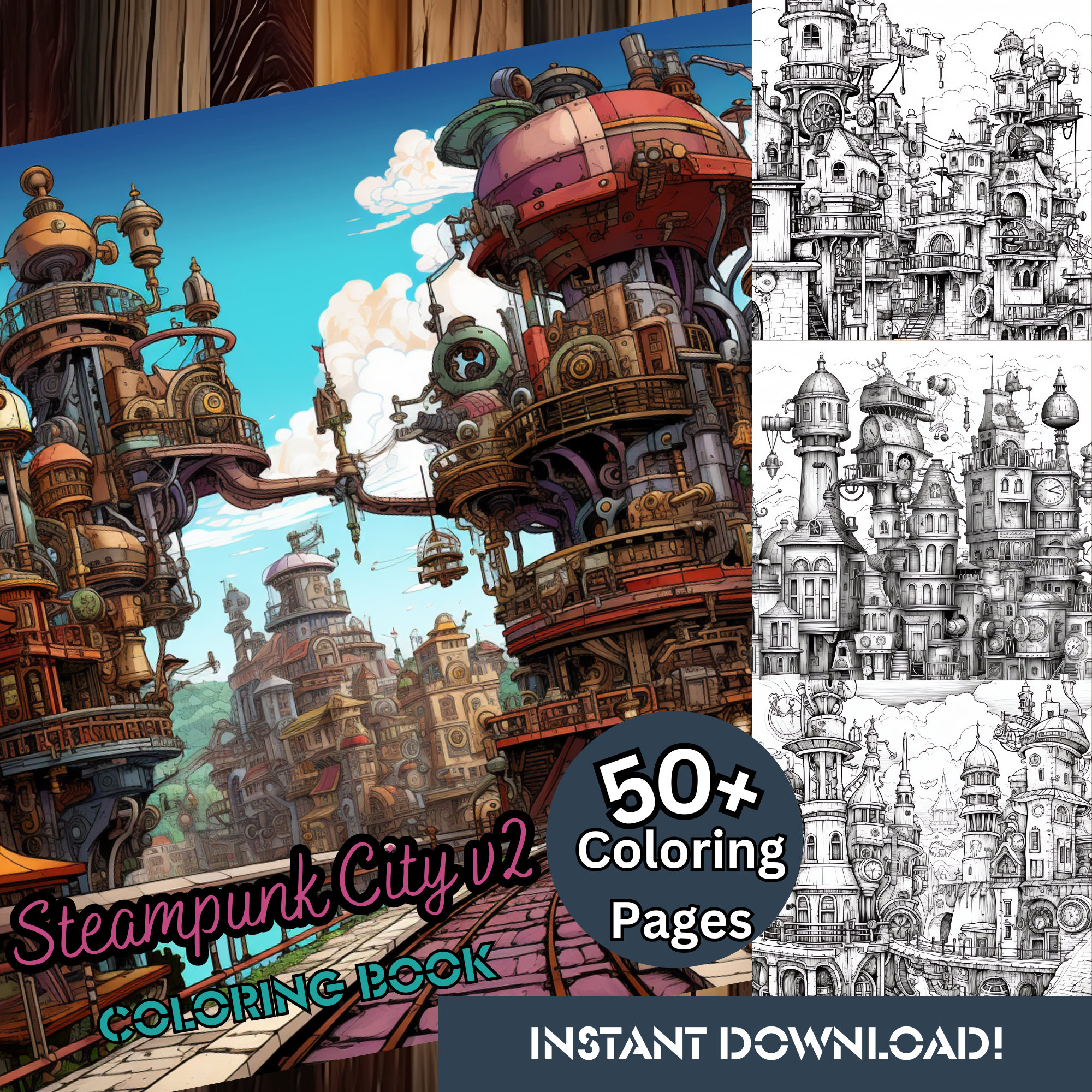 50 Steampunk City Coloring Book Adults Kids Coloring Pages, Instant ...