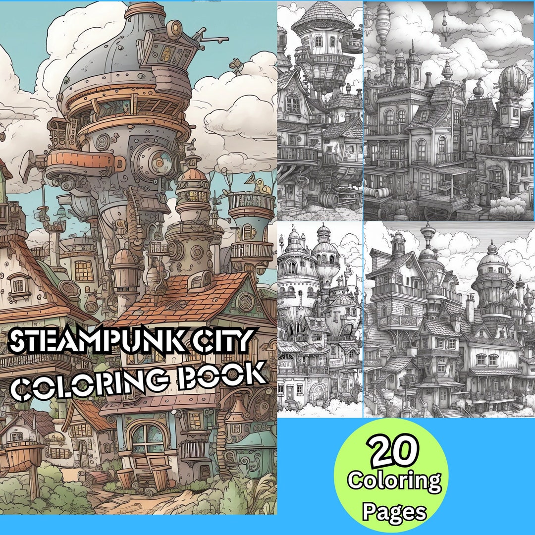 20 Steampunk City Coloring Book - Adults Kids Coloring Pages, Instant ...