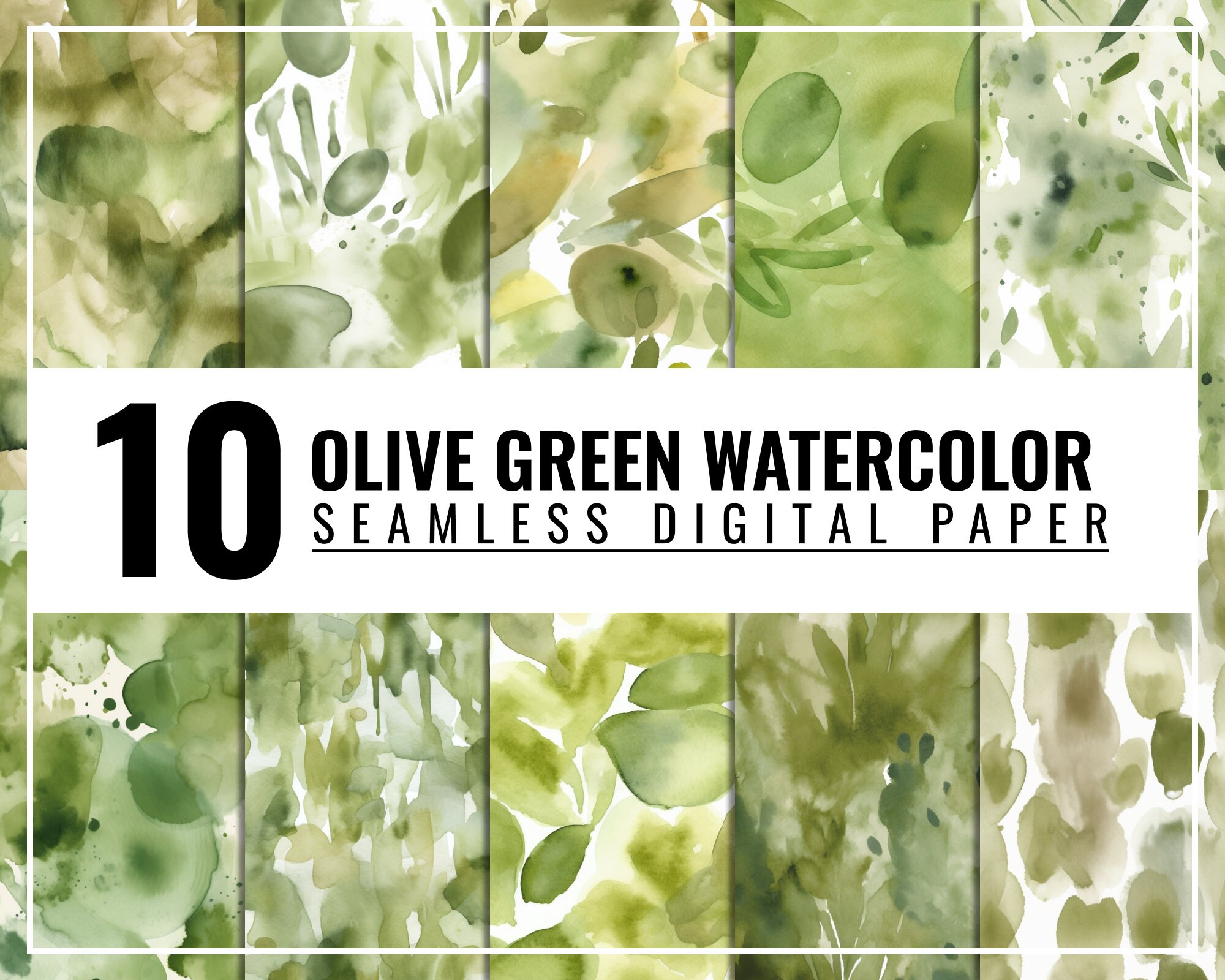 Olive Green Watercolor Texture Digital Paper Pack - Set of 10 Seamless ...