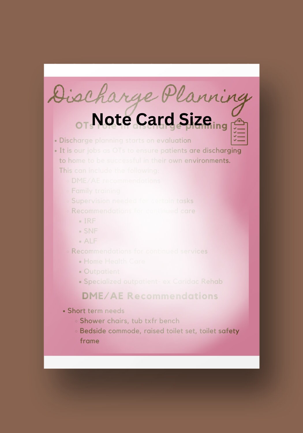 Occupational Therapy Discharge Planning Note Card Size / Level II ...