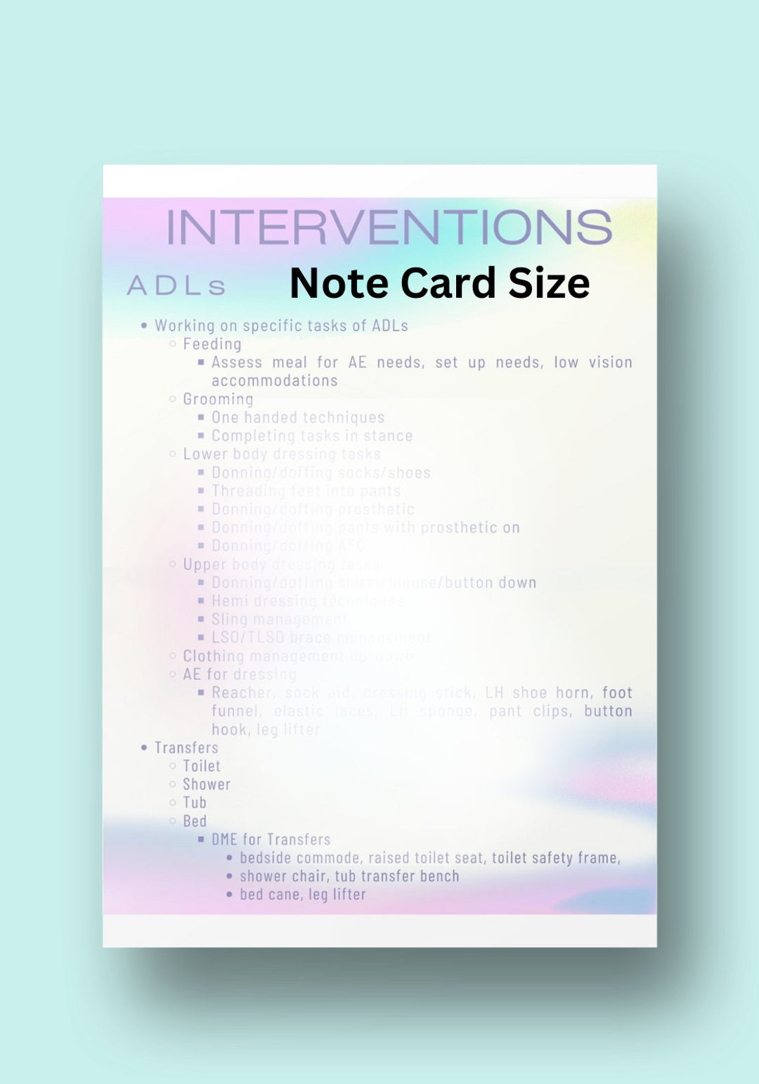 Occupational Therapy Interventions for Level II Fieldwork Note Card ...