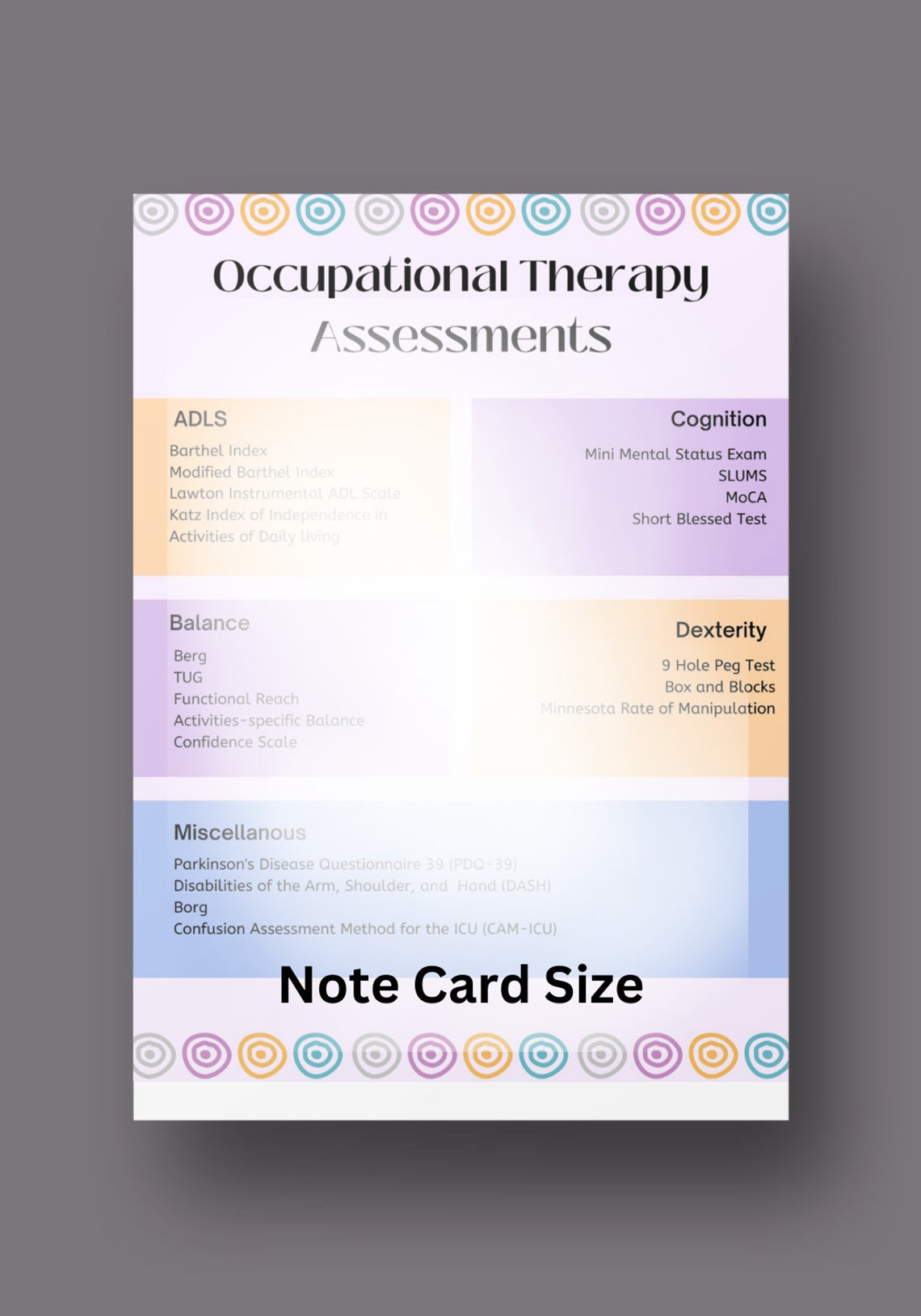 Occupational Therapy Assessments Note Card Size / OT / Adls / Cognition ...