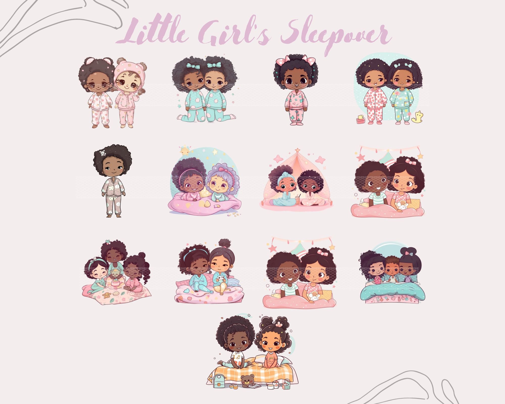 Slumber Party Clipart, Sleepover Clipart, Pajama Party Clipart, Black ...