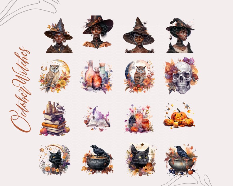 October Witches Clipart, Halloween Clipart, Fall Clipart, Fairytale ...